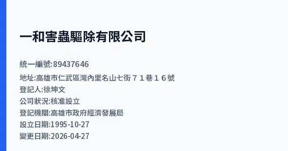 一和害蟲驅除有限公司的照片-統編 89437646(高雄市) 公司登記資料與營業項目詳細圖表