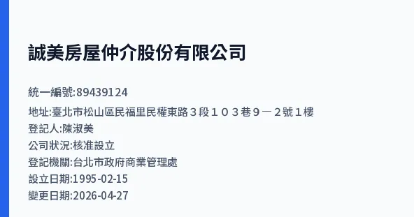 誠美房屋仲介股份有限公司的照片-統編 89439124(臺北市) 公司登記資料與營業項目詳細圖表