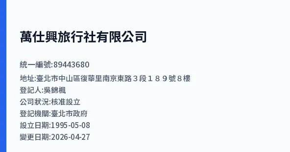 萬仕興旅行社有限公司的照片-統編 89443680(臺北市) 公司登記資料與營業項目詳細圖表