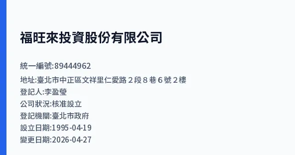 福旺來投資股份有限公司的照片-統編 89444962(臺北市) 公司登記資料與營業項目詳細圖表
