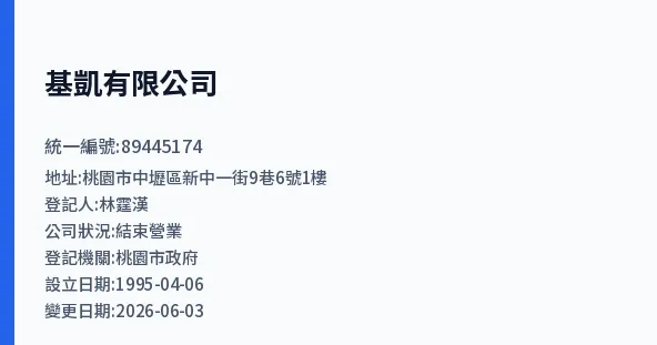 基凱有限公司的照片-統編 89445174(桃園市) 公司登記資料與營業項目詳細圖表
