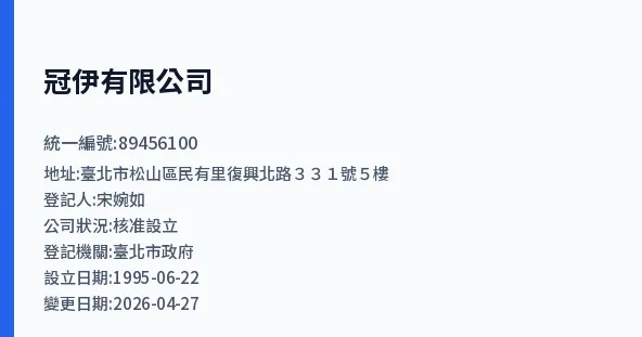 冠伊有限公司的照片-統編 89456100(臺北市) 公司登記資料與營業項目詳細圖表