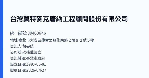 台灣莫特麥克唐納工程顧問股份有限公司的照片-統編 89460646(臺北市) 公司登記資料與營業項目詳細圖表