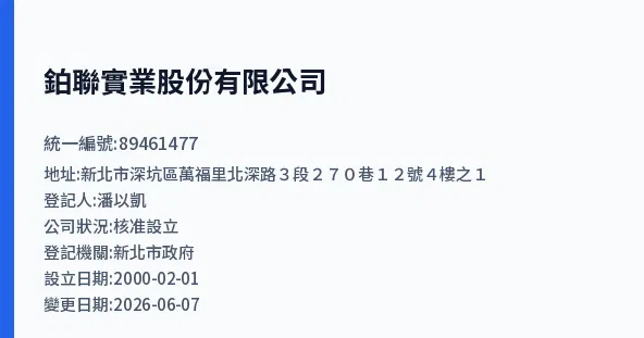 鉑聯實業股份有限公司的照片-統編 89461477(新北市) 公司登記資料與營業項目詳細圖表