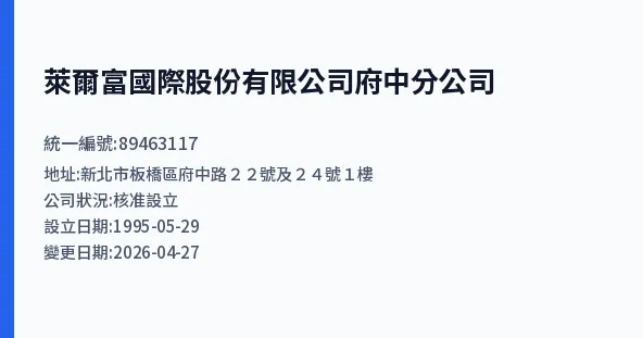 萊爾富國際股份有限公司府中分公司的照片-統編 89463117(新北市) 公司登記資料與營業項目詳細圖表