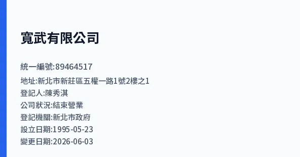 寬武有限公司的照片-統編 89464517(新北市) 公司登記資料與營業項目詳細圖表