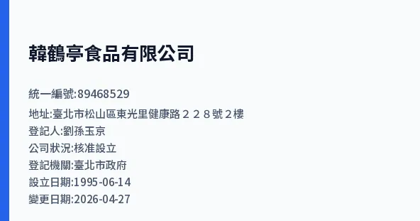 韓鶴亭食品有限公司的照片-統編 89468529(臺北市) 公司登記資料與營業項目詳細圖表