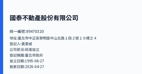 國泰不動產股份有限公司的照片-統編 89470320(臺北市) 公司登記資料與營業項目詳細圖表