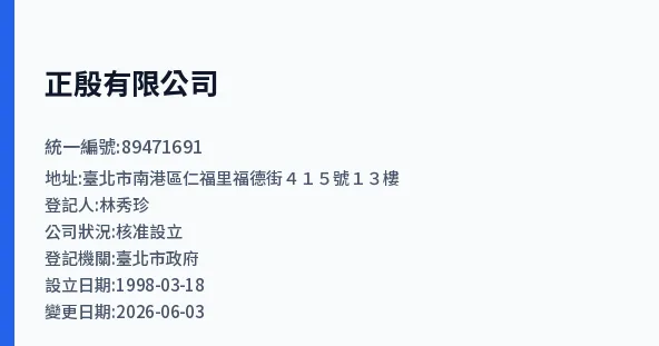 正殷有限公司的照片-統編 89471691(臺北市) 公司登記資料與營業項目詳細圖表