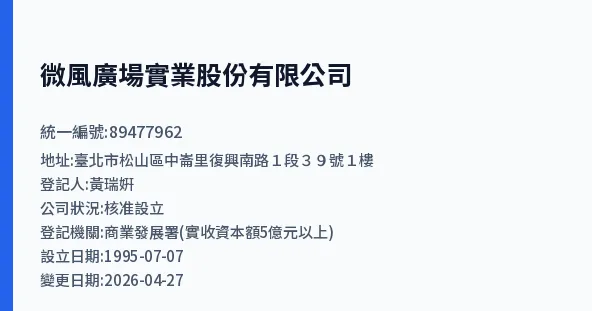 微風廣場實業股份有限公司的照片-統編 89477962(臺北市) 公司登記資料與營業項目詳細圖表