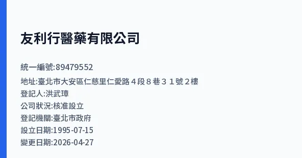 友利行醫藥有限公司的照片-統編 89479552(臺北市) 公司登記資料與營業項目詳細圖表