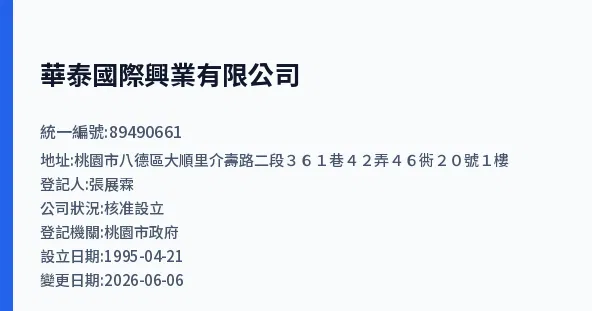 華泰國際興業有限公司的照片-統編 89490661(桃園市) 公司登記資料與營業項目詳細圖表