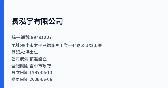 長泓宇有限公司的照片-統編 89491227(臺中市) 公司登記資料與營業項目詳細圖表