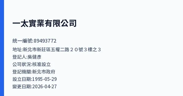 一太實業有限公司的照片-統編 89493772(新北市) 公司登記資料與營業項目詳細圖表