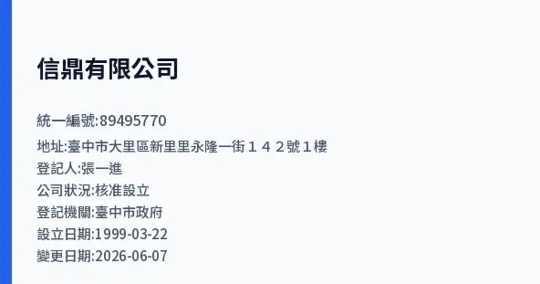 信鼎有限公司的照片-統編 89495770(臺中市) 公司登記資料與營業項目詳細圖表