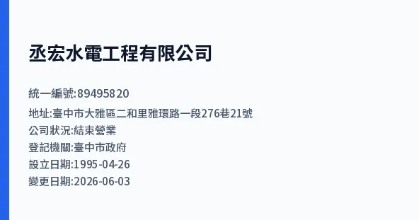 丞宏水電工程有限公司的照片-統編 89495820(臺中市) 公司登記資料與營業項目詳細圖表