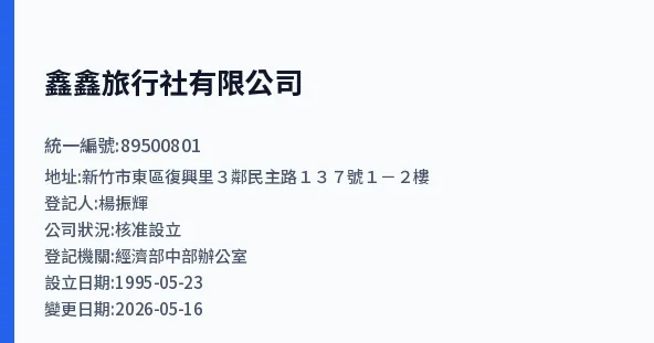 鑫鑫旅行社有限公司的照片-統編 89500801(新竹市) 公司登記資料與營業項目詳細圖表