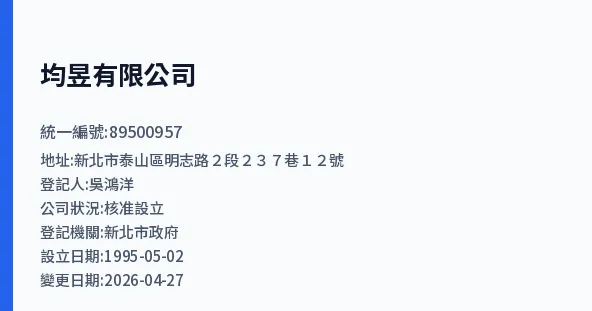 均昱有限公司的照片-統編 89500957(新北市) 公司登記資料與營業項目詳細圖表