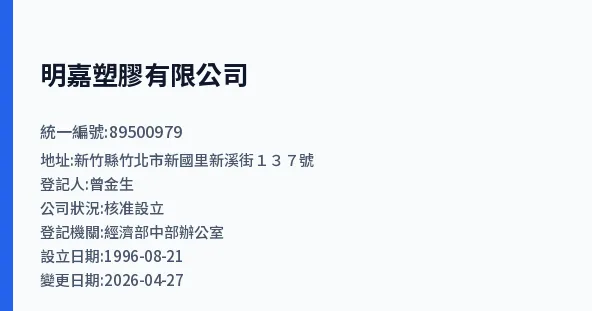 明嘉塑膠有限公司的照片-統編 89500979(新竹縣) 公司登記資料與營業項目詳細圖表