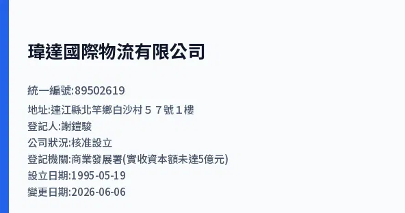 瑋達國際物流有限公司的照片-統編 89502619(連江縣) 公司登記資料與營業項目詳細圖表