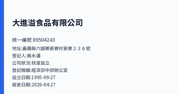 大進溢食品有限公司的照片-統編 89504243(嘉義縣) 公司登記資料與營業項目詳細圖表