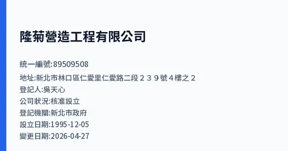 隆菊營造工程有限公司的照片-統編 89509508(新北市) 公司登記資料與營業項目詳細圖表