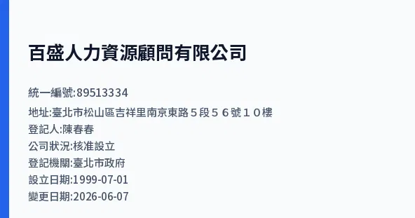 百盛人力資源顧問有限公司的照片-統編 89513334(臺北市) 公司登記資料與營業項目詳細圖表