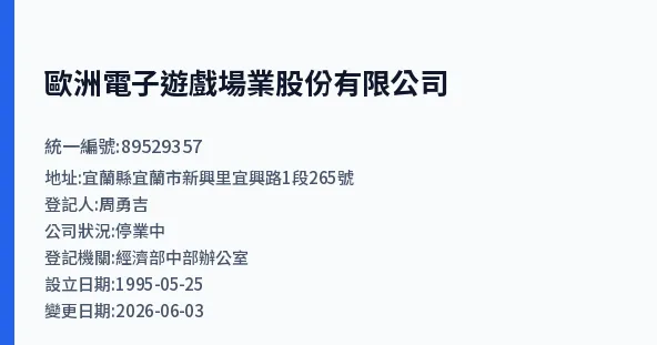 歐洲電子遊戲場業股份有限公司的照片-統編 89529357(宜蘭縣) 公司登記資料與營業項目詳細圖表