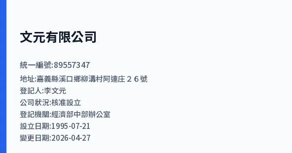 文元有限公司的照片-統編 89557347(嘉義縣) 公司登記資料與營業項目詳細圖表