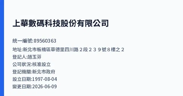 上華數碼科技股份有限公司的照片-統編 89560363(新北市) 公司登記資料與營業項目詳細圖表