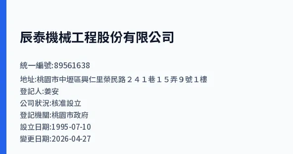 辰泰機械工程股份有限公司的照片-統編 89561638(桃園市) 公司登記資料與營業項目詳細圖表