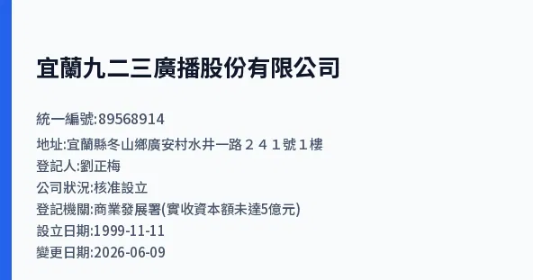 宜蘭九二三廣播股份有限公司的照片-統編 89568914(宜蘭縣) 公司登記資料與營業項目詳細圖表