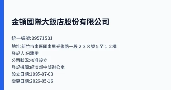 金頓國際大飯店股份有限公司的照片-統編 89571501(新竹市) 公司登記資料與營業項目詳細圖表