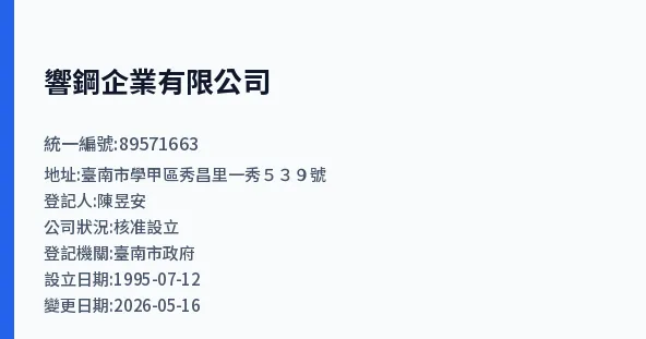 響鋼企業有限公司的照片-統編 89571663(臺南市) 公司登記資料與營業項目詳細圖表