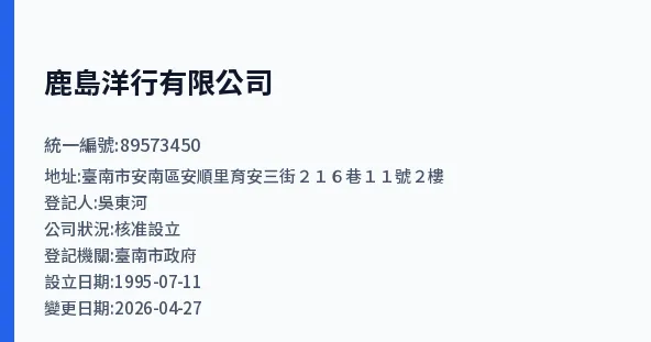 鹿島洋行有限公司的照片-統編 89573450(臺南市) 公司登記資料與營業項目詳細圖表
