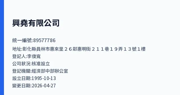 興堯有限公司的照片-統編 89577786(彰化縣) 公司登記資料與營業項目詳細圖表