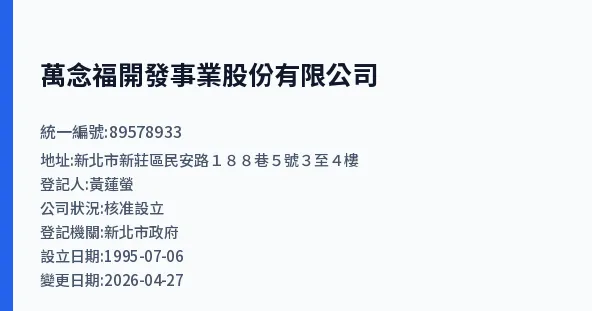 萬念福開發事業股份有限公司的照片-統編 89578933(新北市) 公司登記資料與營業項目詳細圖表