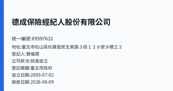德成保險經紀人股份有限公司的照片-統編 89597621(臺北市) 公司登記資料與營業項目詳細圖表