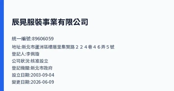 辰晃服裝事業有限公司的照片-統編 89606059(新北市) 公司登記資料與營業項目詳細圖表