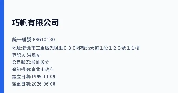巧帆有限公司的照片-統編 89610130(新北市) 公司登記資料與營業項目詳細圖表