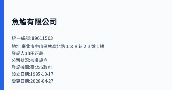 魚鮨有限公司的照片-統編 89611503(臺北市) 公司登記資料與營業項目詳細圖表