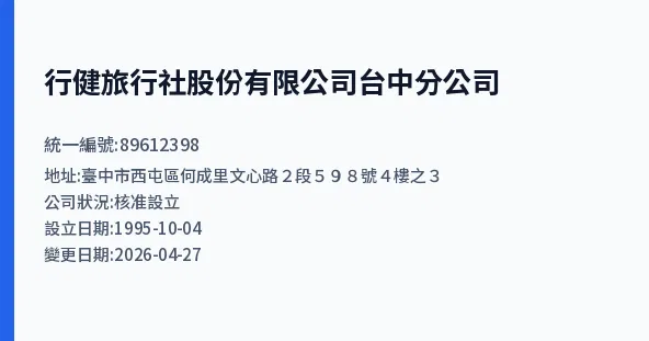 行健旅行社股份有限公司台中分公司的照片-統編 89612398(臺中市) 公司登記資料與營業項目詳細圖表