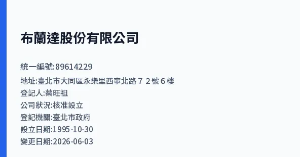 布蘭達股份有限公司的照片-統編 89614229(臺北市) 公司登記資料與營業項目詳細圖表