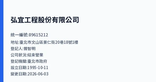 弘宜工程股份有限公司的照片-統編 89615212(臺北市) 公司登記資料與營業項目詳細圖表