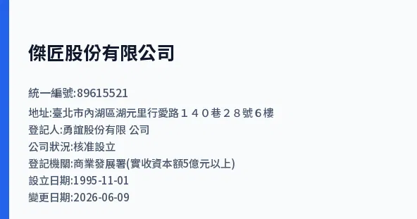 傑匠股份有限公司的照片-統編 89615521(臺北市) 公司登記資料與營業項目詳細圖表