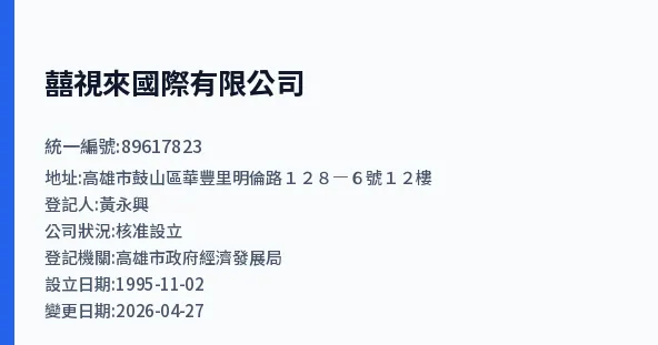 囍視來國際有限公司的照片-統編 89617823(高雄市) 公司登記資料與營業項目詳細圖表