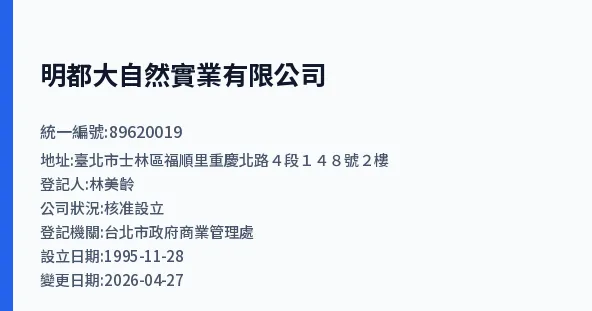 明都大自然實業有限公司的照片-統編 89620019(臺北市) 公司登記資料與營業項目詳細圖表