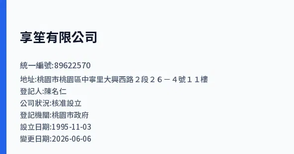 享笙有限公司的照片-統編 89622570(桃園市) 公司登記資料與營業項目詳細圖表