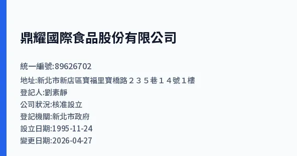 鼎耀國際食品股份有限公司的照片-統編 89626702(新北市) 公司登記資料與營業項目詳細圖表