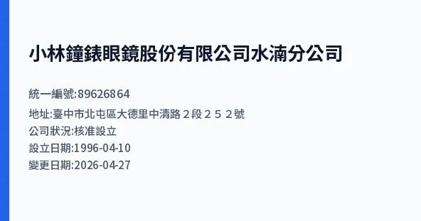 小林鐘錶眼鏡股份有限公司水湳分公司的照片-統編 89626864(臺中市) 公司登記資料與營業項目詳細圖表